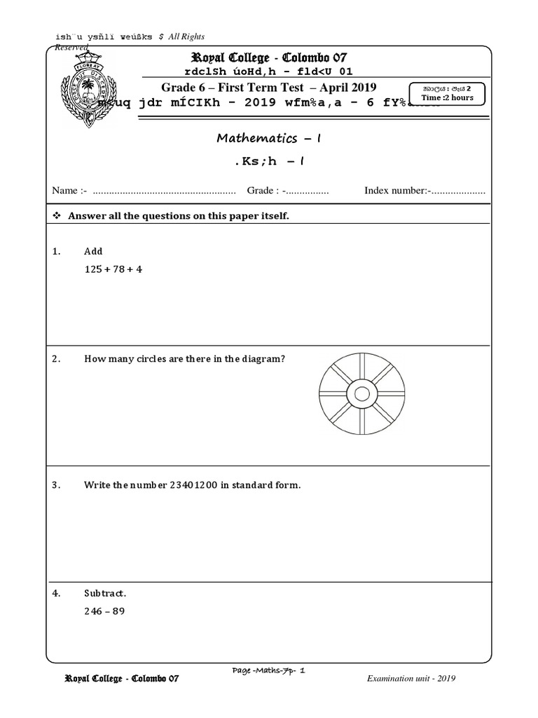 Royal College Grade 06 Mathematics First Term Paper English Medium ... Royal College Grade 06 Mathematics First Term Paper English Medium ...