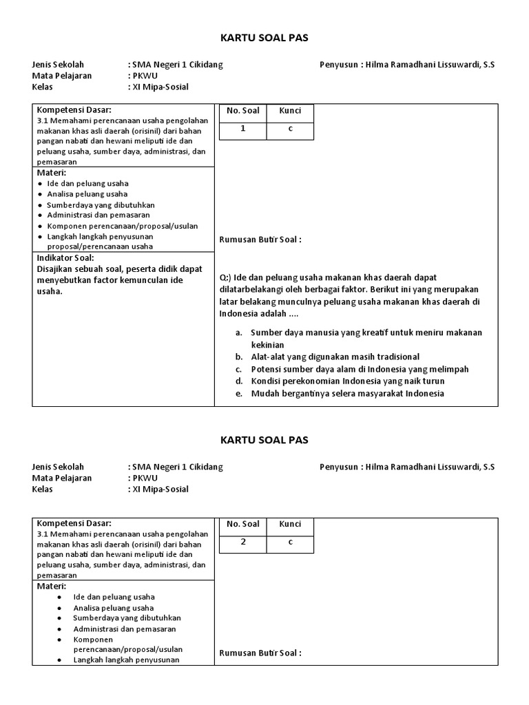 Kartu Soal Pas Pkwu Xi 2021 | PDF