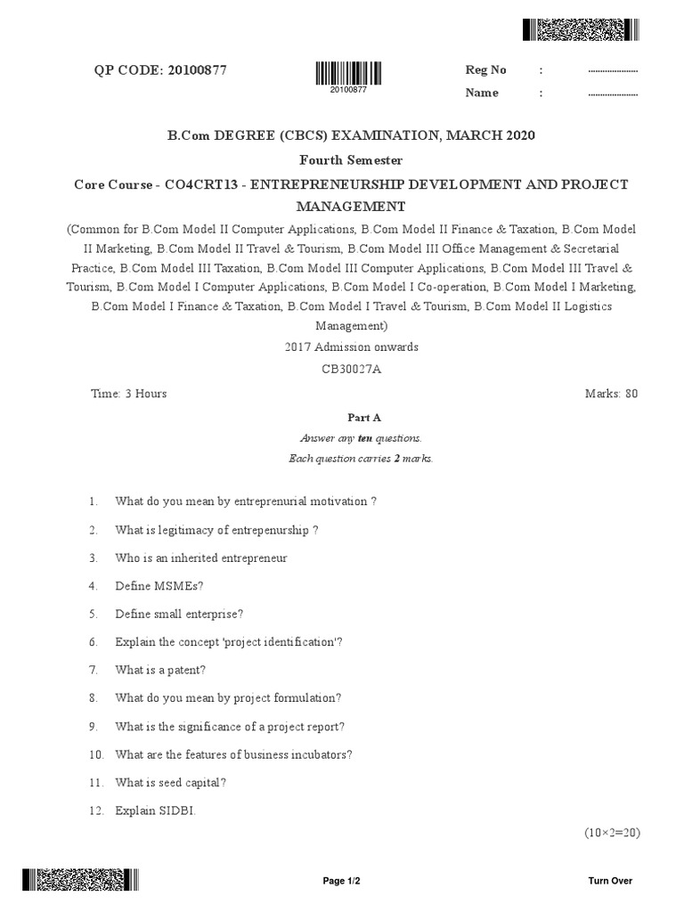 Bcom 4 Sem Entrepreneurship Development and Project Management 20100877 Mar 2020 | PDF ...