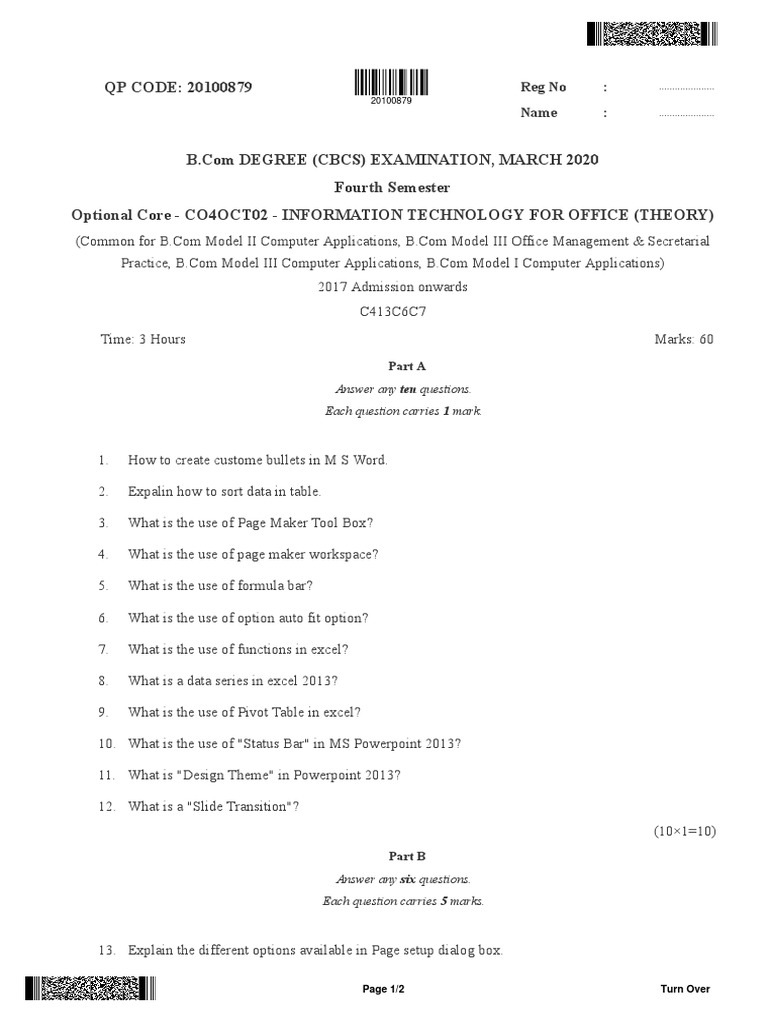 Bcom 4 Sem Information Technology For Office Theory 20100879 Mar 2020 ...