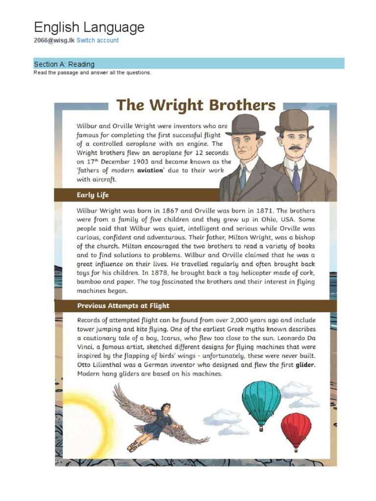 English Language Reading & Grammar Test | PDF | Wright Brothers ...
