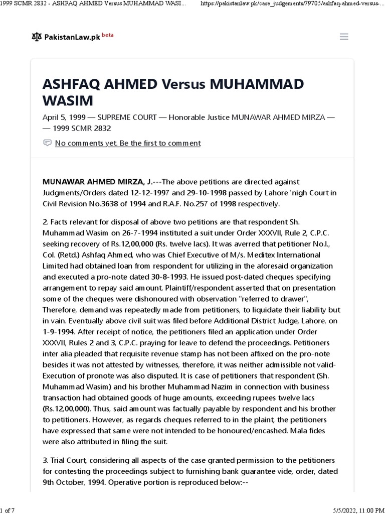 1999 SCMR 2832 - ASHFAQ AHMED Versus MUHAMMAD WASIM - SUPREME COURT | PDF | Lawsuit | Judgment (Law)