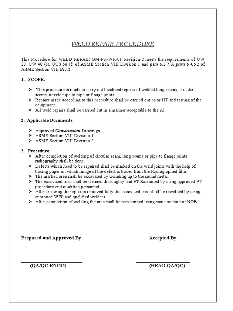 Weld Repair Procedure for Seam Repairs | PDF | Technology & Engineering