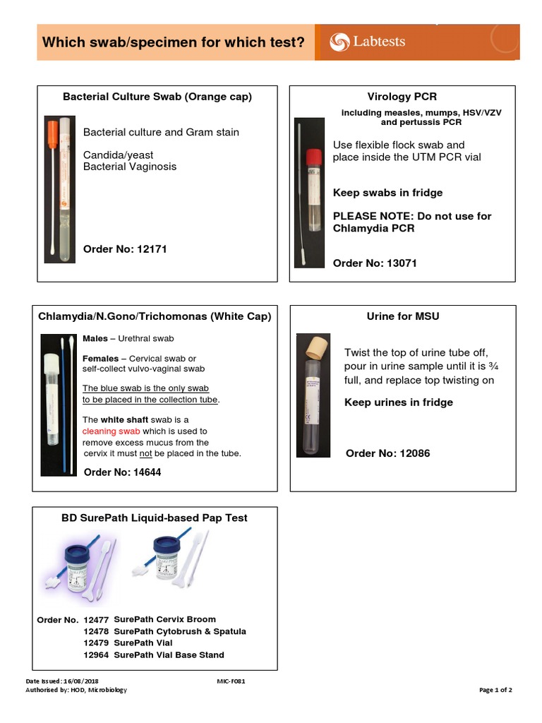 4.4 Which Swab Specimen For Which Test | PDF | Urology | Medical ...