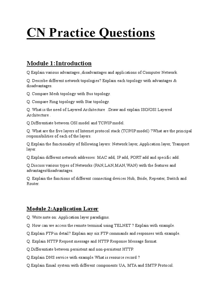 CN Practice Questions (All Modules) | PDF | Transmission Control ...
