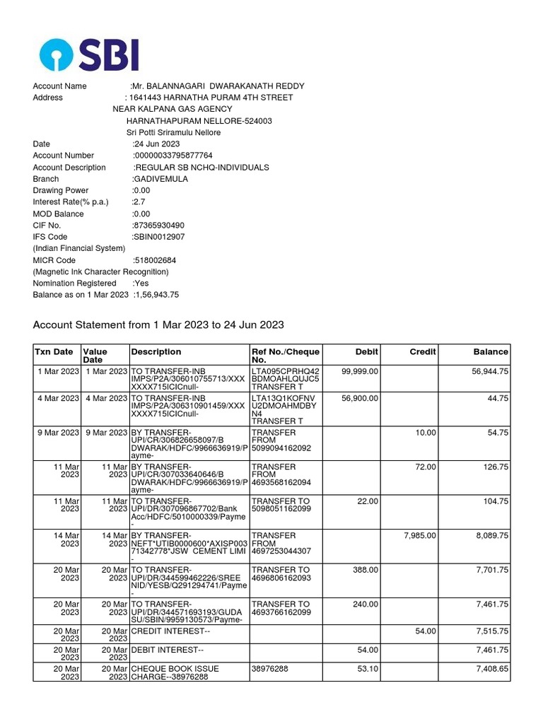 Sbi Statement | PDF | Payments | Personal Identification Number