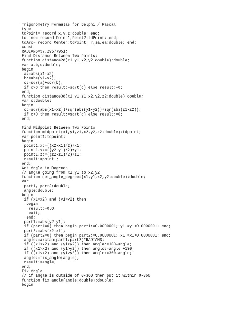 Trigonometry Formulas For Delphi Pascal | PDF | Trigonometric Functions | Physical Quantities