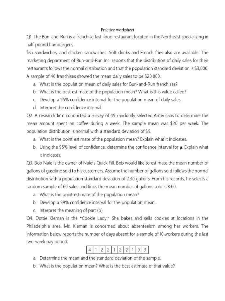 Practice Worksheet | PDF | Standard Deviation | Confidence Interval