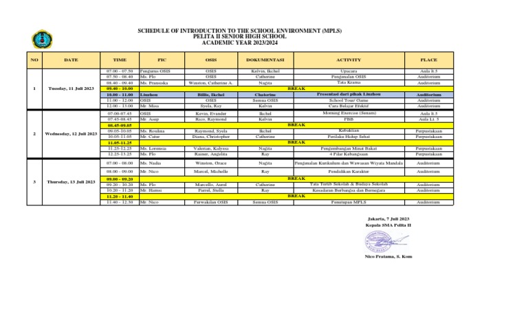 Schedule Mpls Sma Pelita 2 - 2023-2024 | PDF