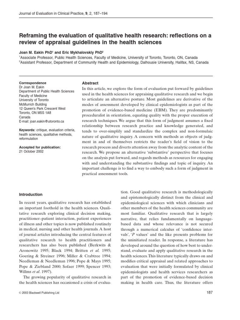 Evaluation Clinical Practice - 2003 - Eakin - Reframing The Evaluation of Qualitative Health ...
