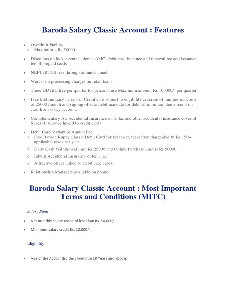 Baroda Salary Classic Account | PDF | Credit Card | Debit Card