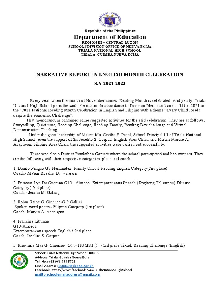 Narrative Report in English Month Celebration - Community Library Hub S ...