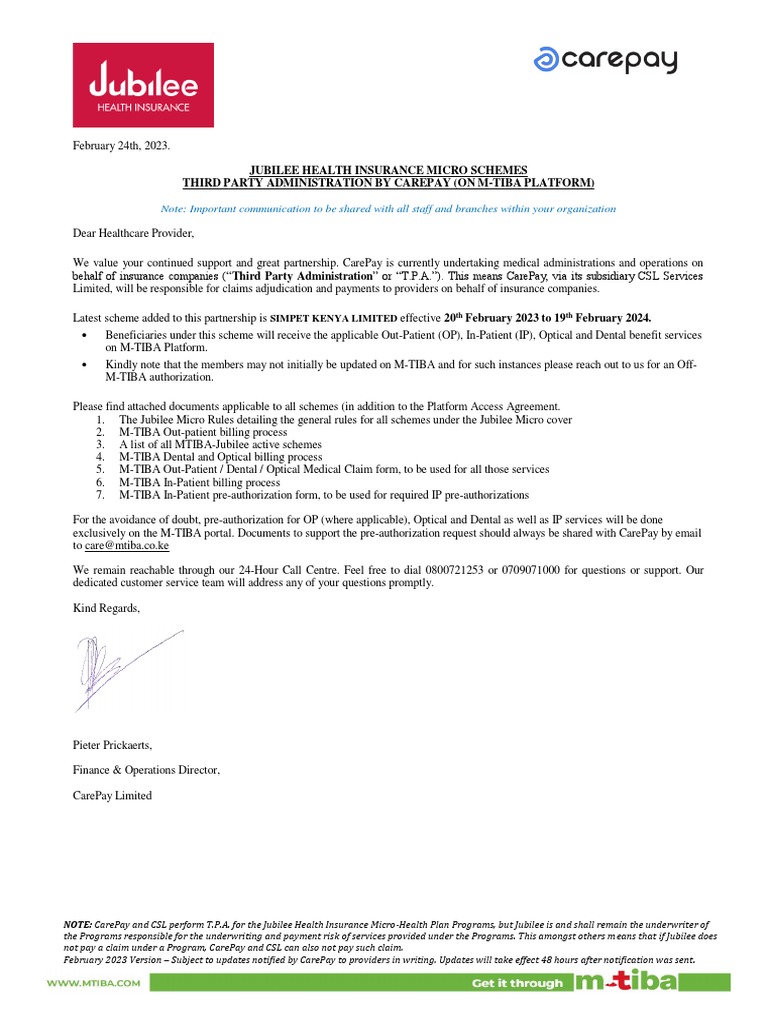 M-TIBA JUBILEE T.P.A. Micro Health Cover - SIMPET KENYA LIMITED | PDF ...