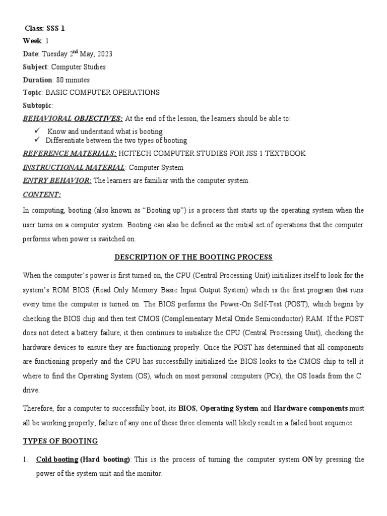 SSS 1 3RD Term Lesson Note | PDF | Booting | Bios