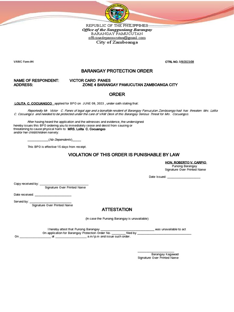 Barangay Protection Order Sample Form | PDF | Justice | Crime & Violence