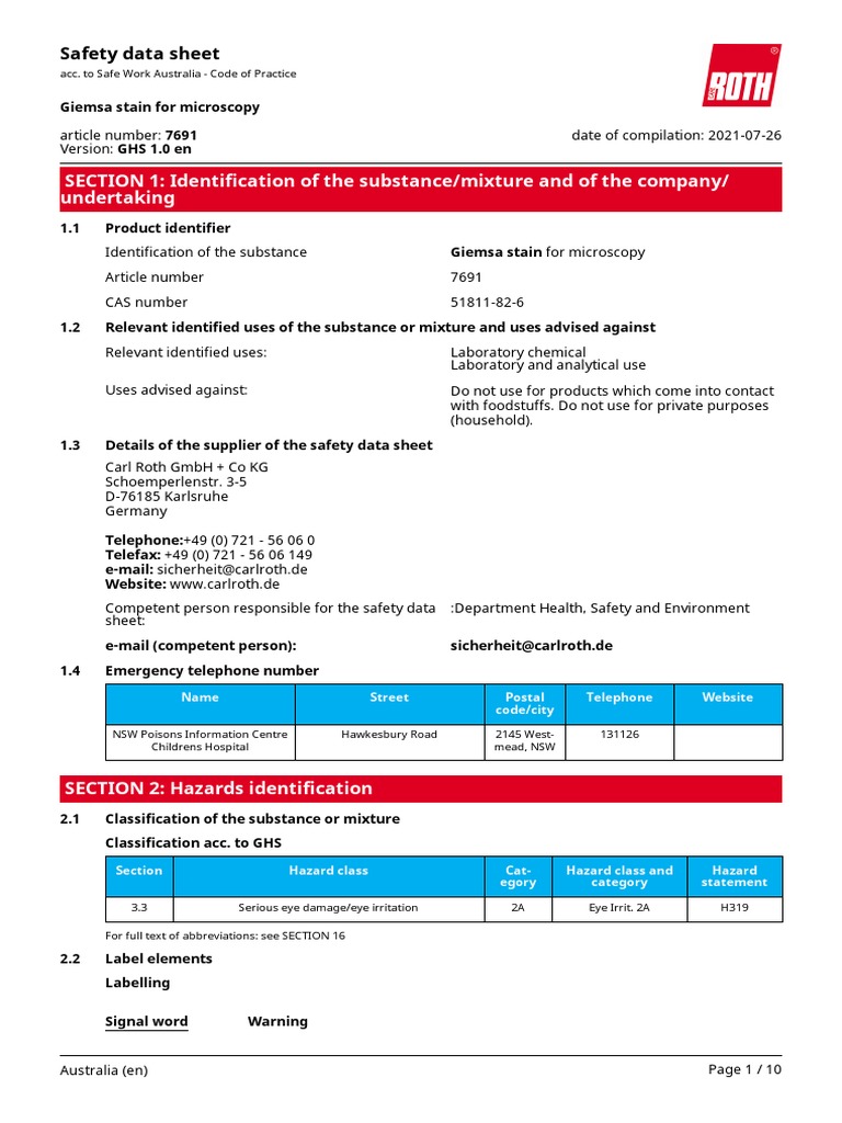 Giemsa Stain MSDS | PDF | Dangerous Goods | Toxicity