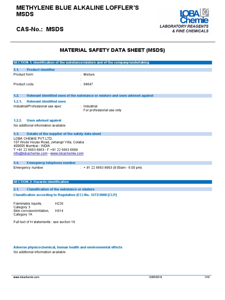 Methylene Blue Alkaline MSDS | PDF | Dangerous Goods | Safety
