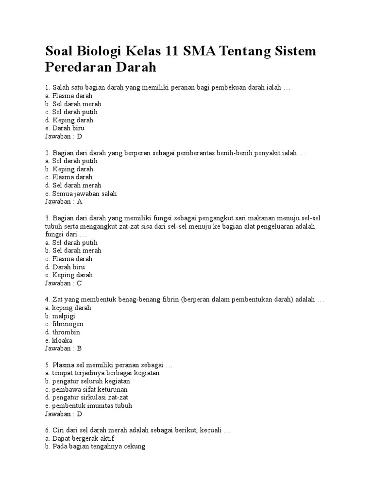 Soal Biologi Kelas 11 SMA Tentang Sistem Peredaran Darah | PDF