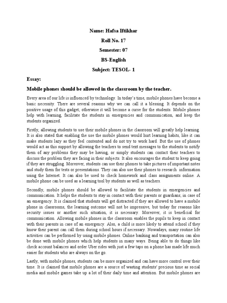 Hafsa Iftikhar 17 Tesol Essay Assignment | PDF | Classroom | Teachers