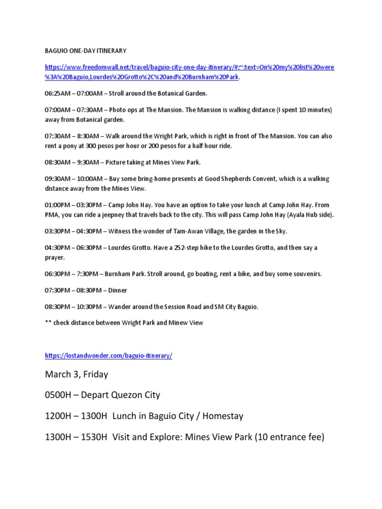 Baguio 1-Day Itinerary | PDF