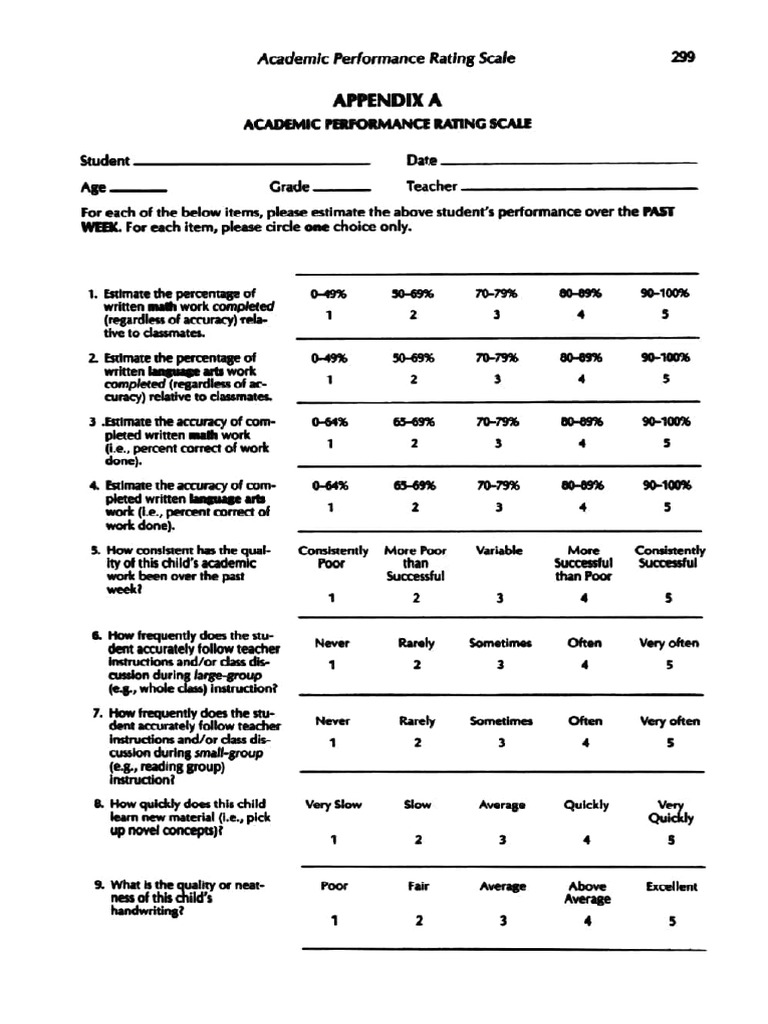 Academic Performance Rating Scale | PDF | Cognitive Psychology ...