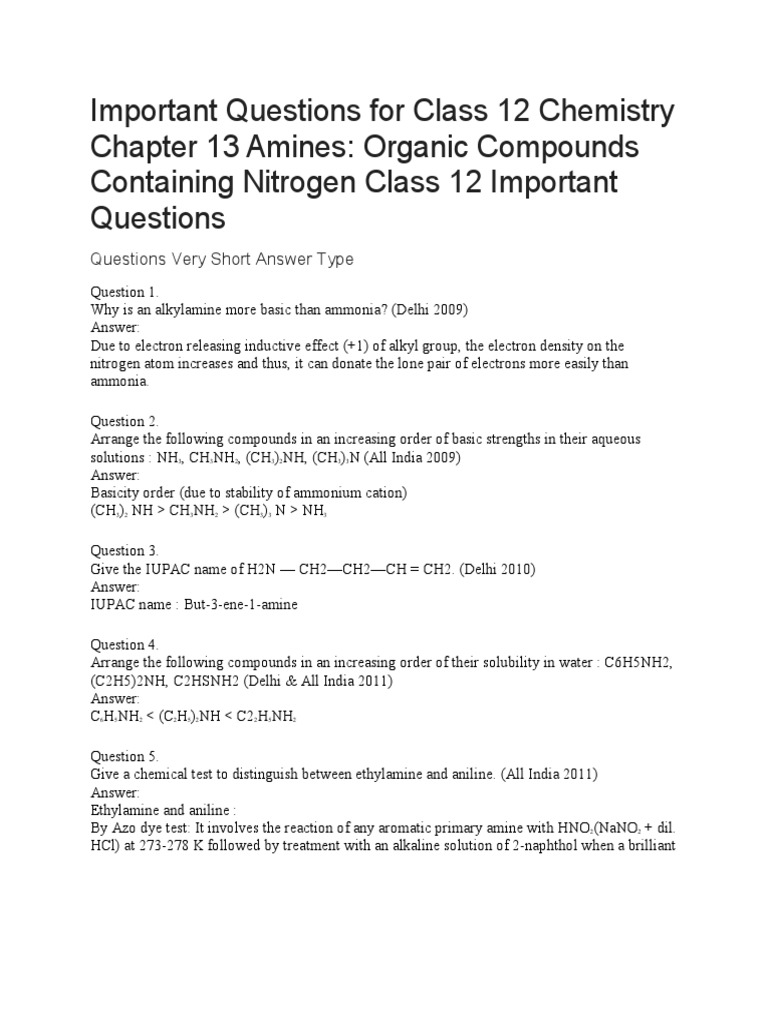 Amines Important Questions | PDF | Amine | Chemistry