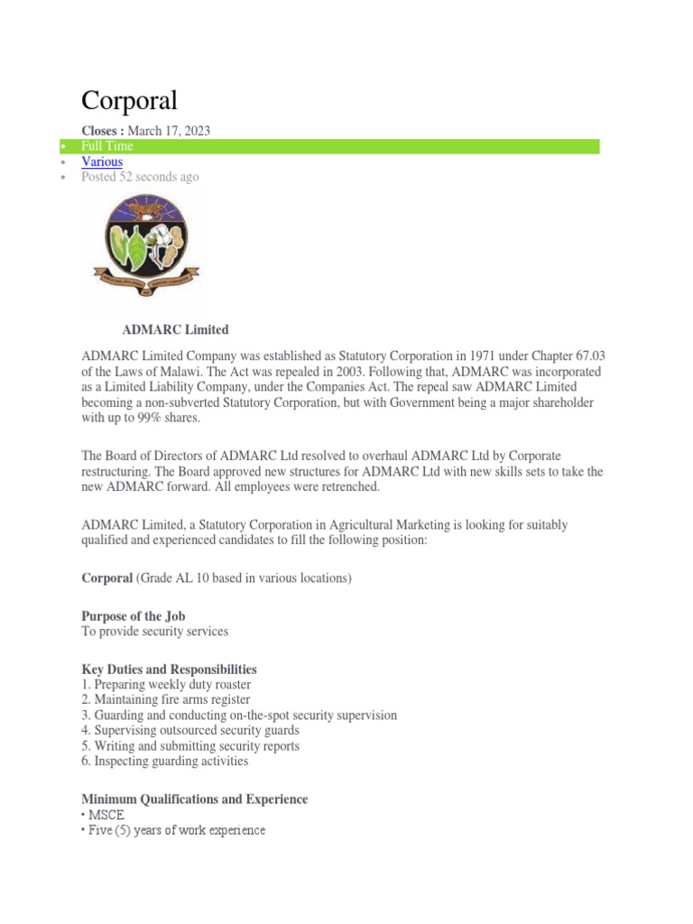 Admarc Vacancies 2023 | PDF | Board Of Directors | Warehouse