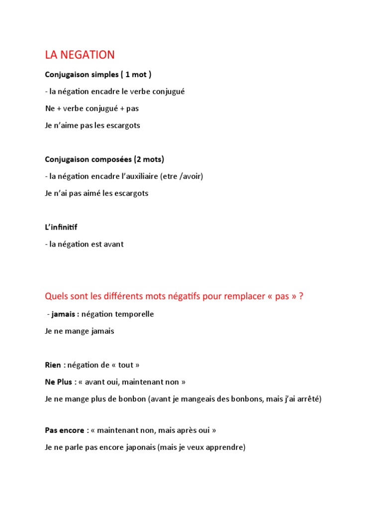 La Négation en Français: Guide Complet | PDF | Complément d'objet ...