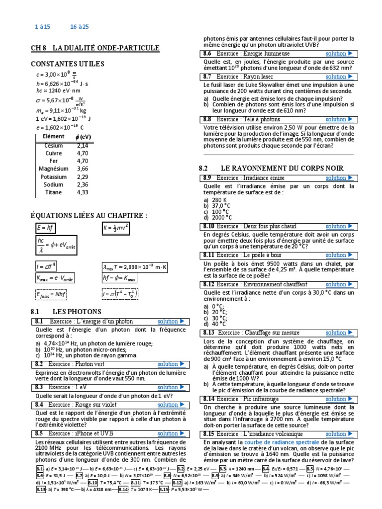 Ch8 Exercices+Solutions | PDF | Photon | Atomique