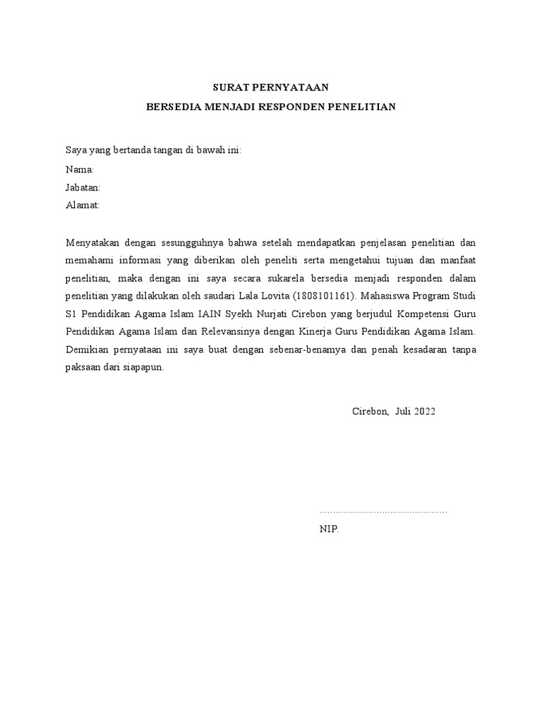 SURAT PERNYATAAN RESPONDEN Penelitian Kuantitatif | PDF