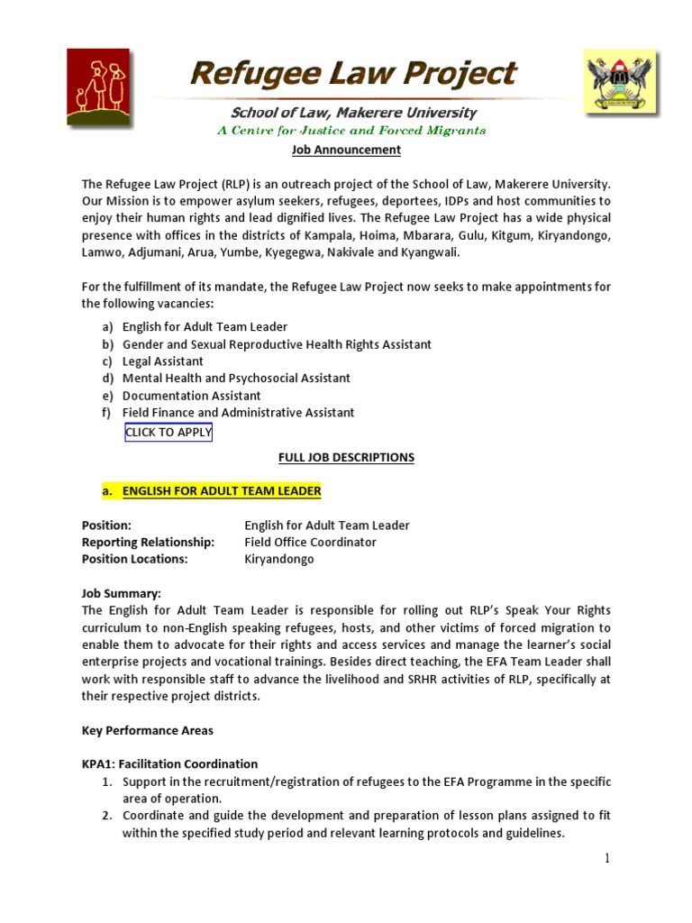 Job - Announcement Refugee Law Project | PDF | Psychotherapy | Psychosocial