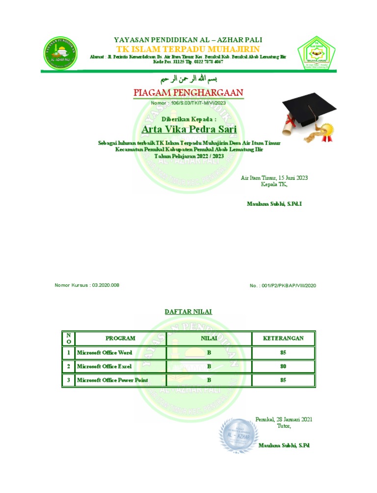Piagam Lulusan Terbaik TK Al-Azhar | PDF