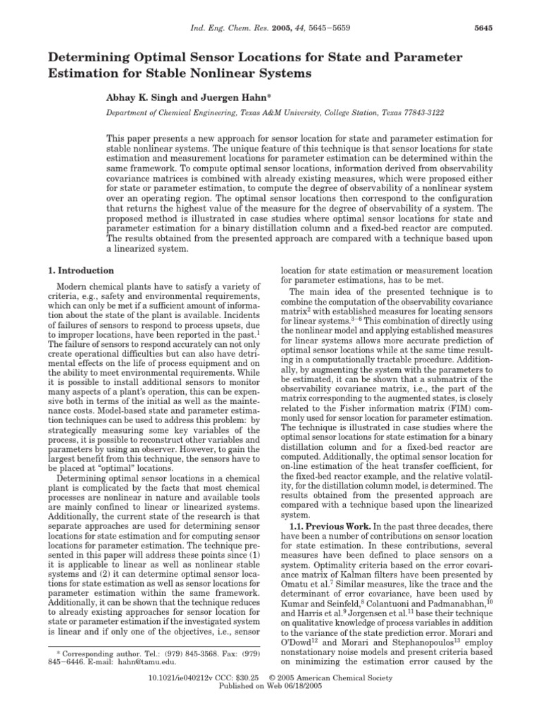 Determining Optimal Sensor Locations For State and Parameter Estimation ... Determining Optimal Sensor Locations For State and Parameter Estimation ...