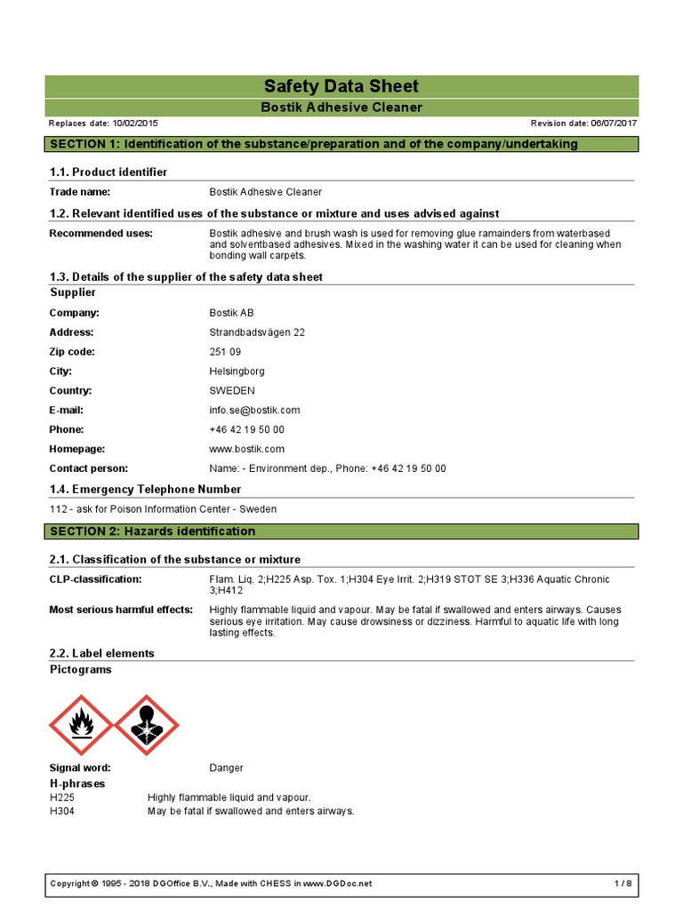 Bostik Adhesive Cleaner | PDF | Personal Protective Equipment | Waste