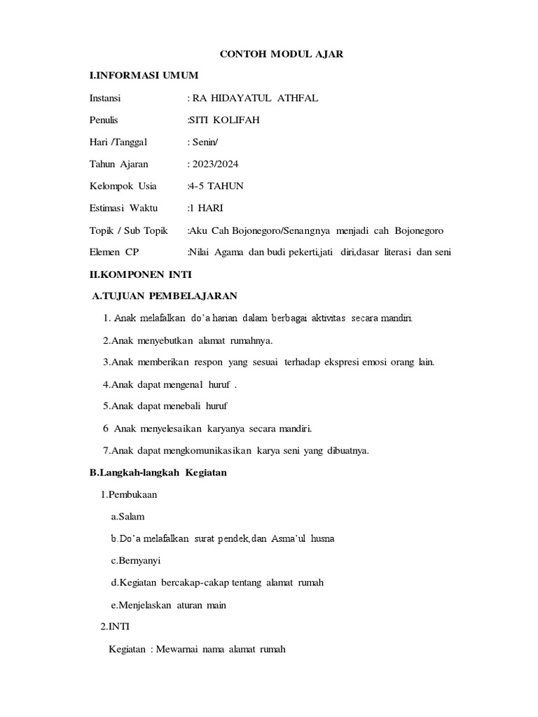 Contoh Modul Ajar Anak Usia Dini | PDF | Karier & Perkembangan