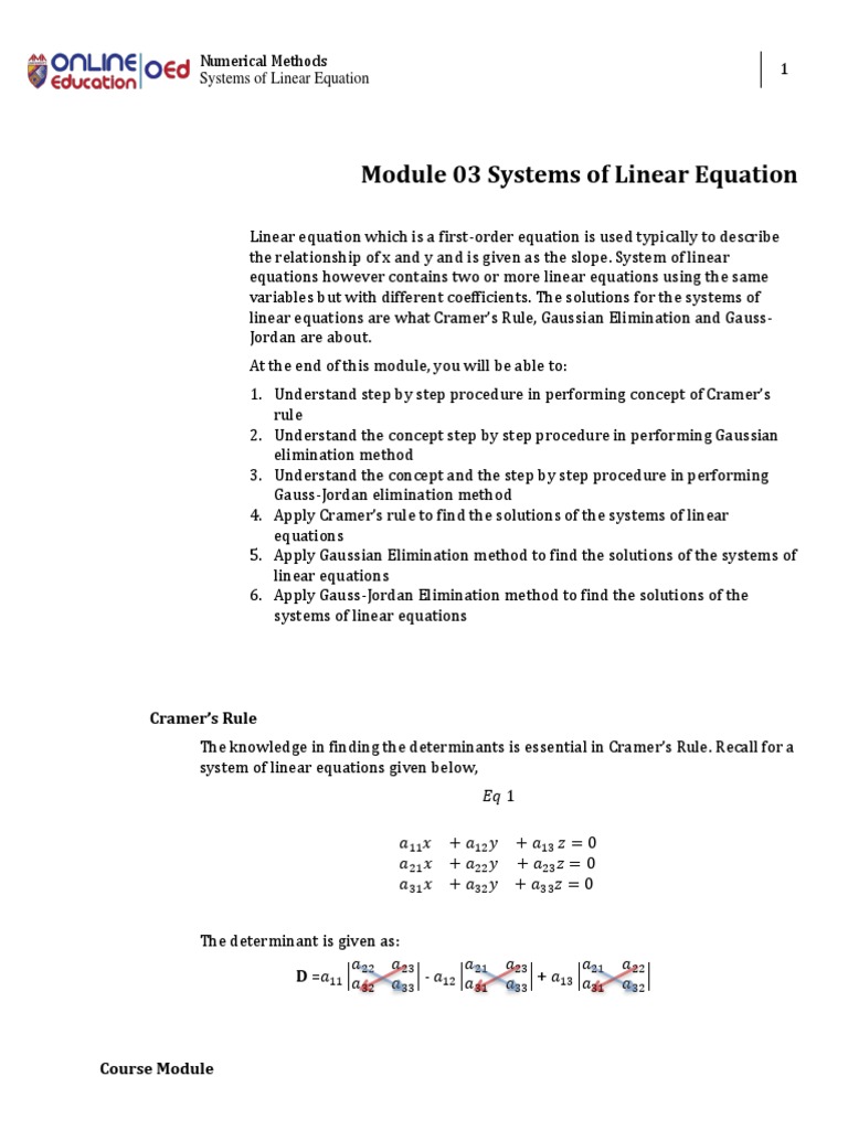 W3 Lesson 3 - Systems of Linear Equation - Module | PDF | Determinant | Matrix (Mathematics)