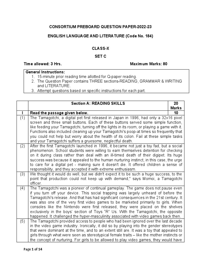 PB GR 10 Set-C QP - English | PDF | You Tube | Video Games