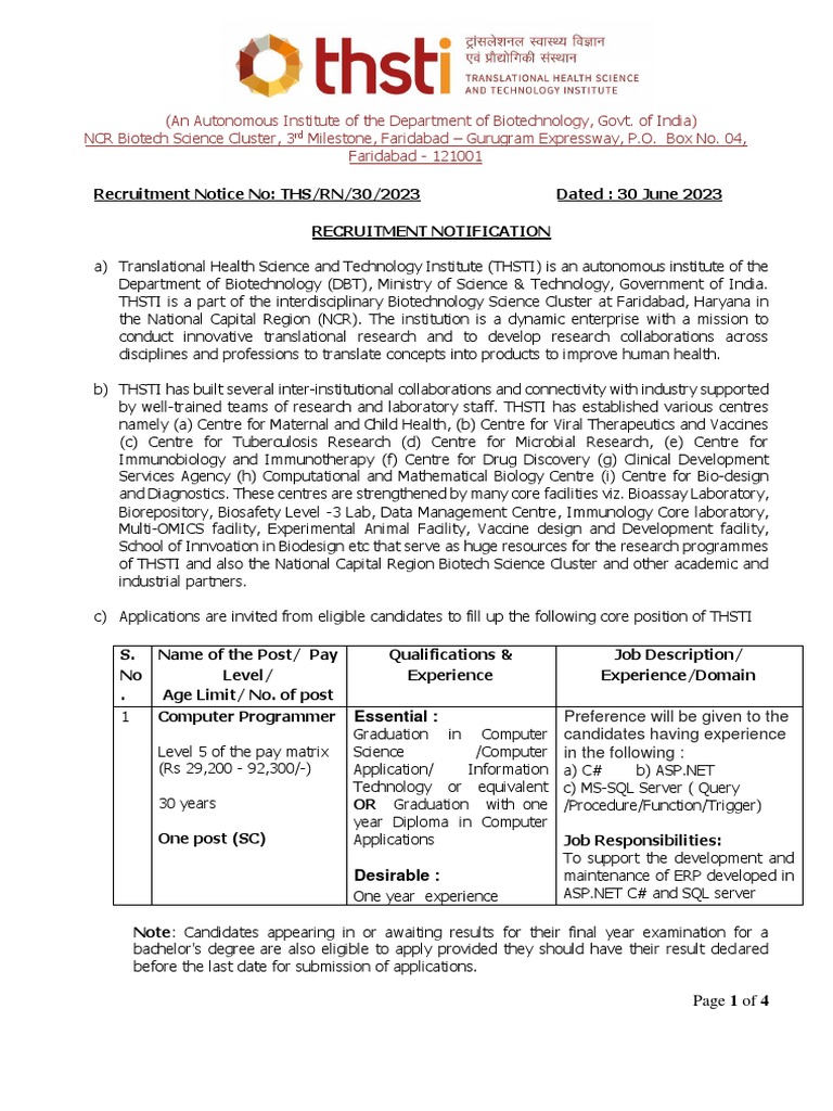 TRANSLATIONAL HEALTH SCIENCE AND TECHNOLOGY INSTITUTE (THSTI) Job 49 | PDF