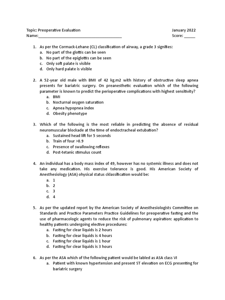 Q1 Preoperative Evaluation | PDF | Heart | Anesthesia