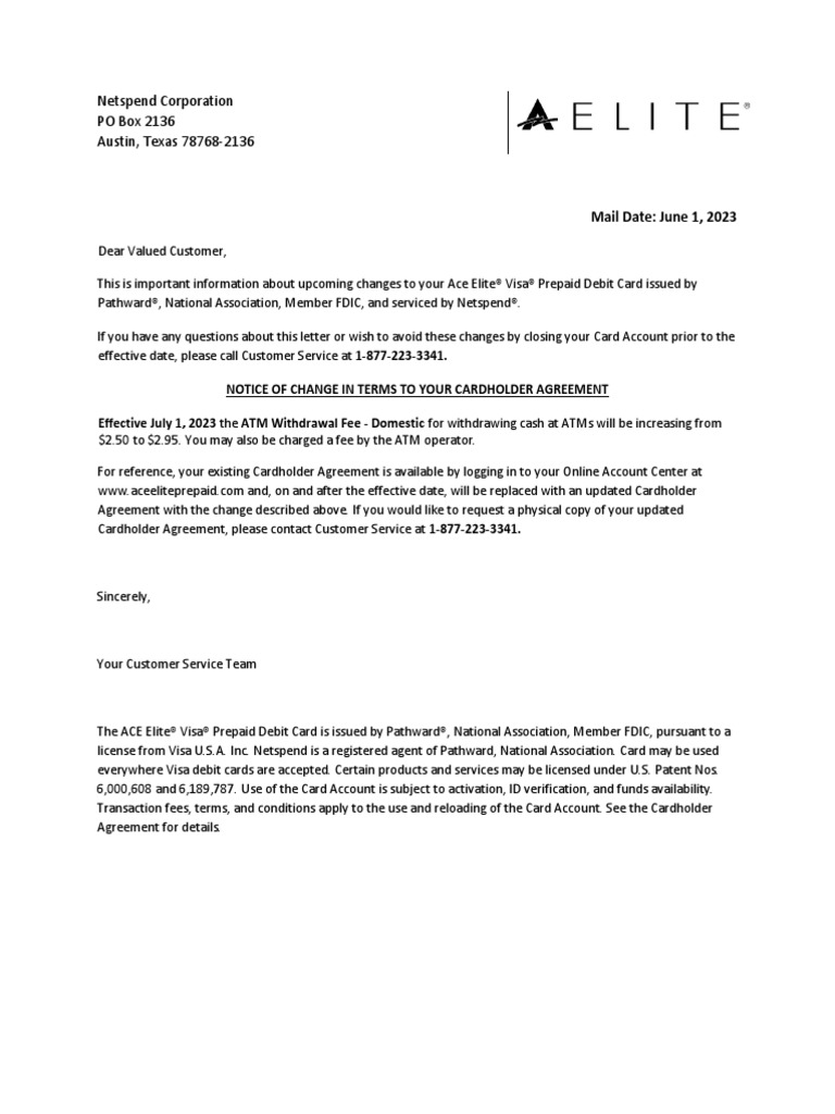 Ace Elite Card Fee Change Notice | PDF