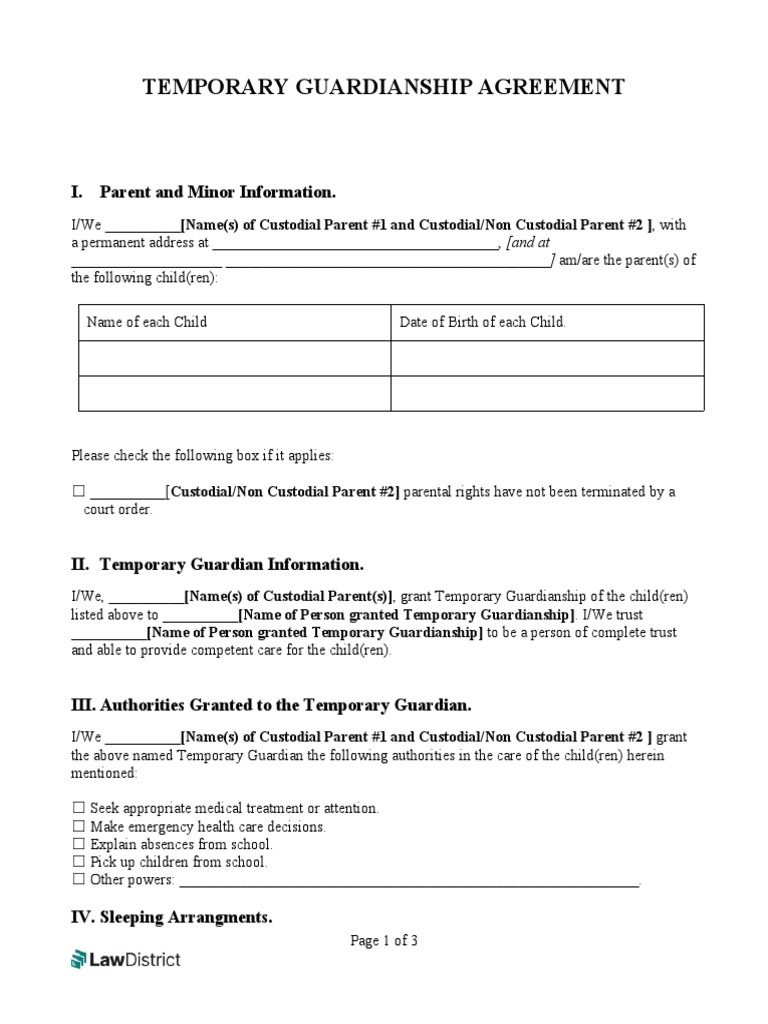Temporary Guardianship Agreement | PDF | Legal Guardian | Child Custody