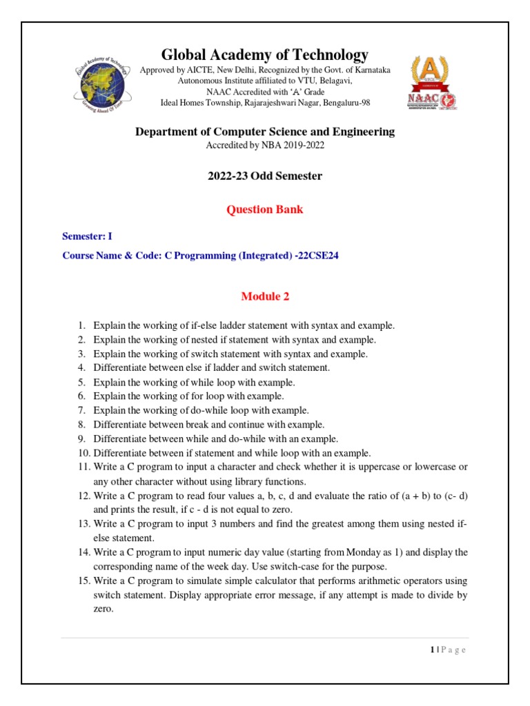 C Programming Module 2 Question Bank Pdf Computer Program Programming