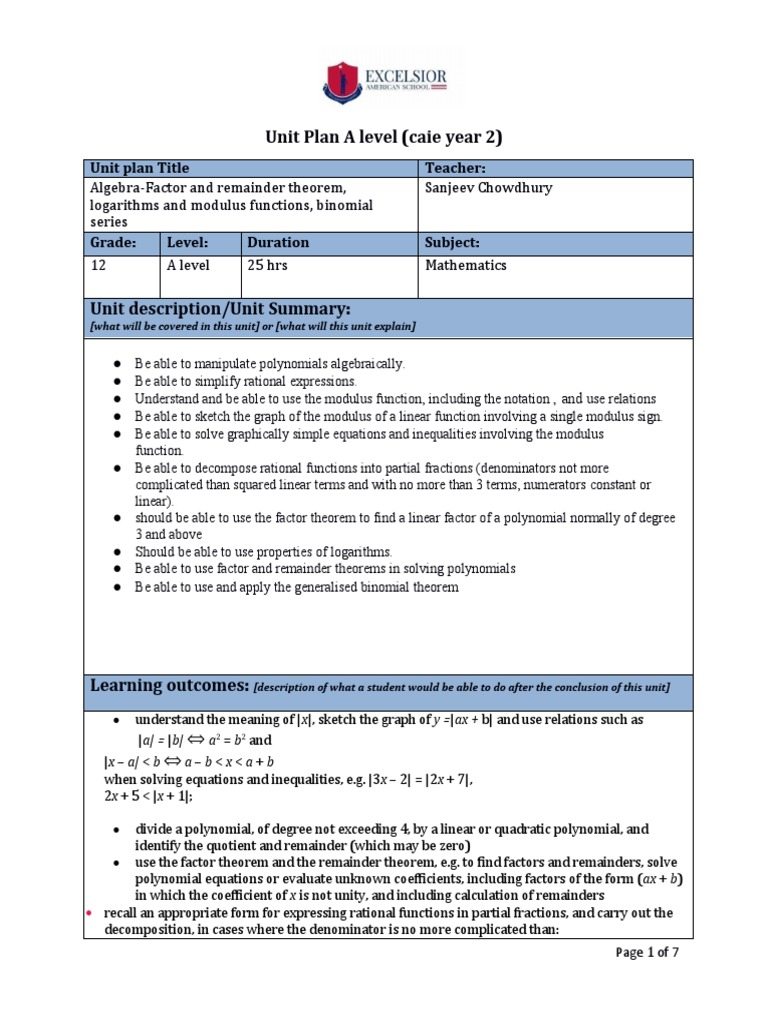 Unit Plan 1 - Mathematics - Unit Algebra - 2023-24 | PDF ...