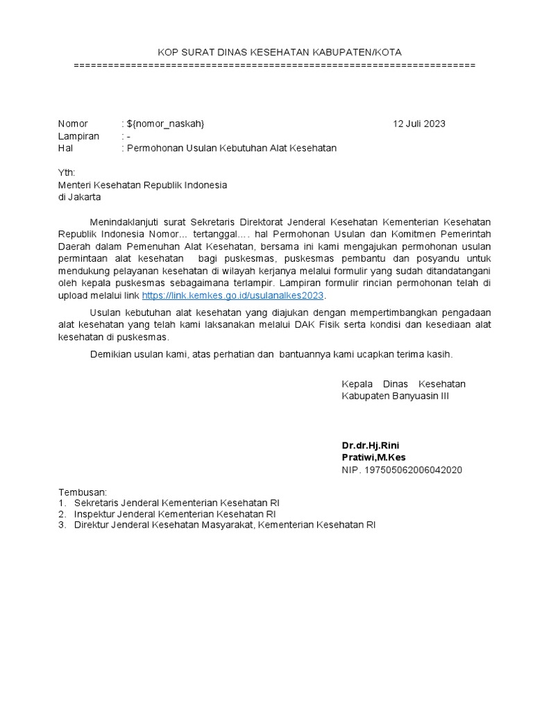 V3 Draft Surat Permohonan Usulan Dari Dinkes | PDF