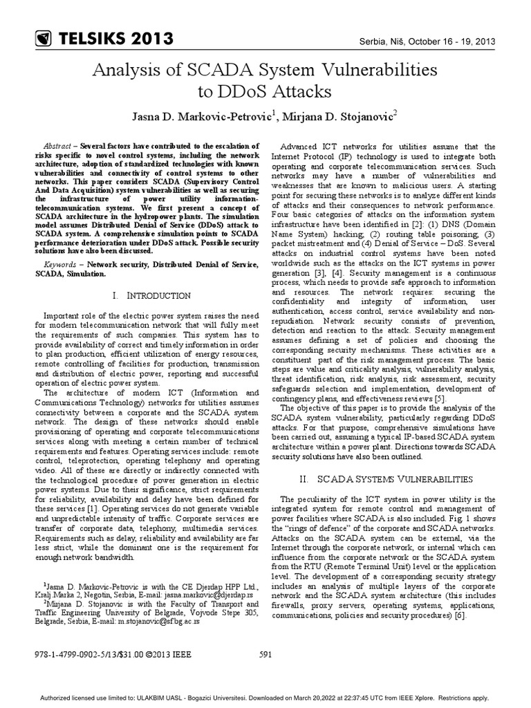 Analysis of SCADA System Vulnerabilities To DDoS Attacks | PDF | Computer Network | Scada