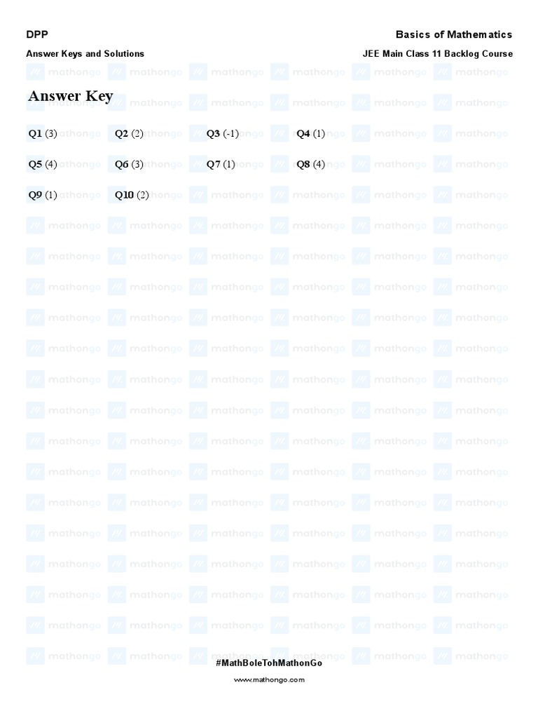 JEE Main Class 11 Math Answer Key | PDF | Mathematics | Mathematical Concepts