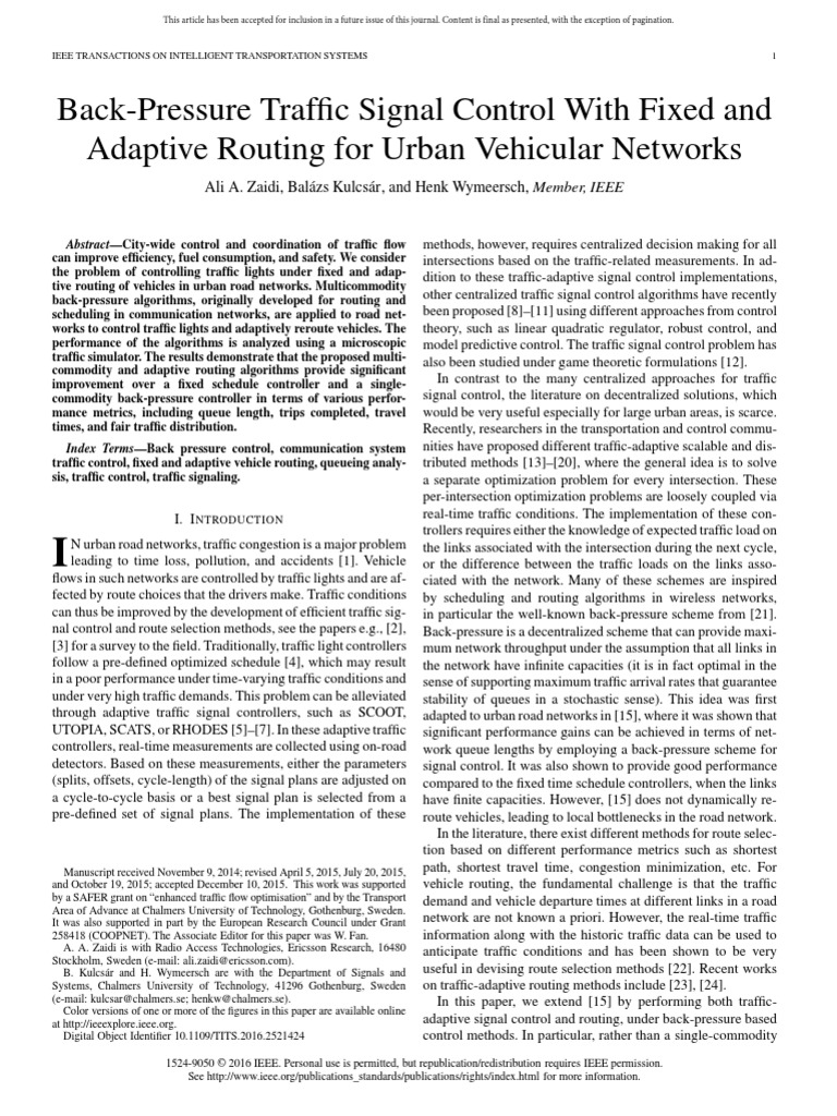 Pressure Traffic Signal Control With Fixed and Adaptive Routing For Urban Vehicular Networks ...