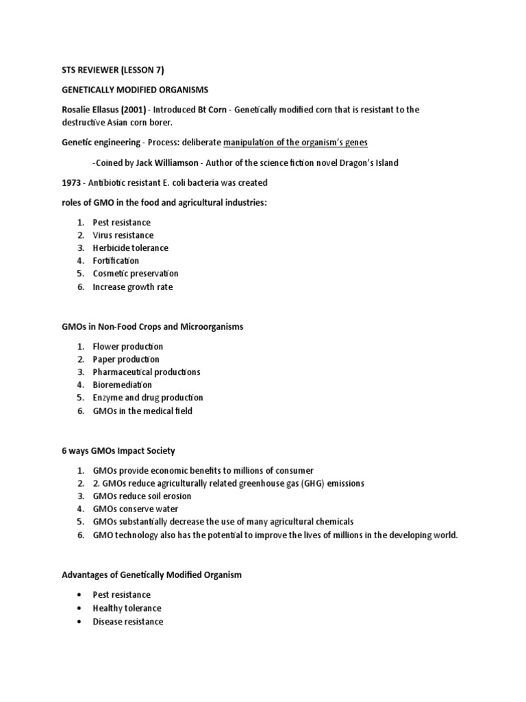 STS Reviewer (Lesson 7) | PDF | Genetically Modified Organism | Genetic Engineering