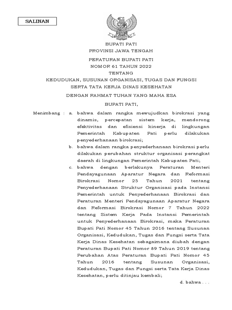 Perbup Nomor 61 Tahun 2022 Tentang Sotk Dinkes | PDF