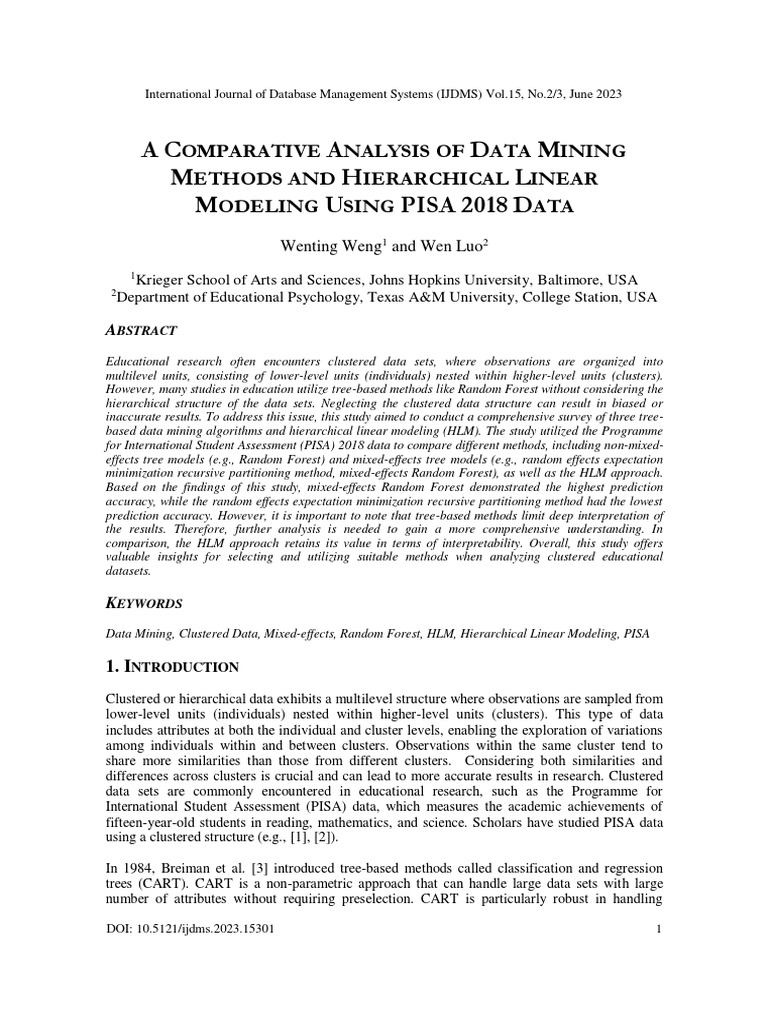 A Comparative Analysis of Data Mining Methods and Hierarchical Linear Modeling Using Pisa 2018 ...